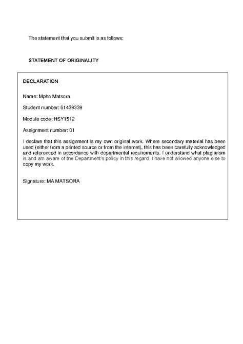 Hys1512 Assignment 01 The Statement That You Submit Is As Follows