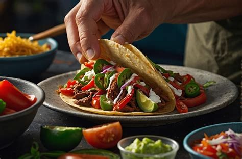 Premium Photo A Closeup Of Hands Assembling A Fajita Taco With All