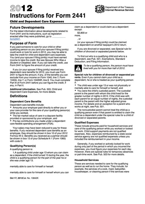 Instructions For Form 2441 2012 Printable Pdf Download
