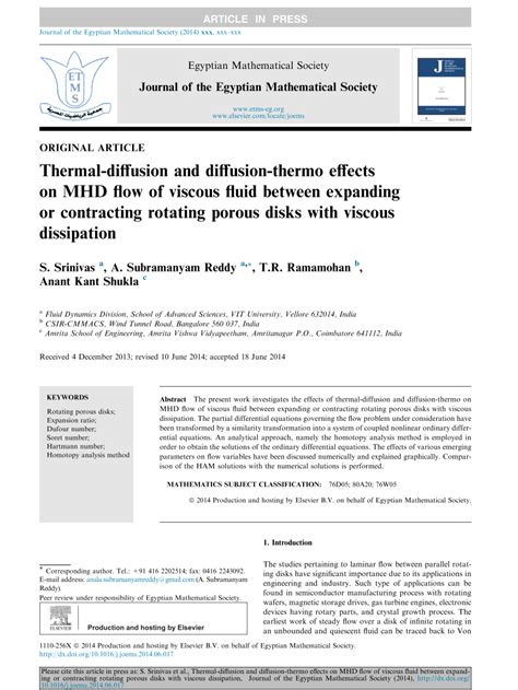 Pdf Thermal Diffusion And Diffusion Thermo Effects On Mhd Flow Of Viscous Fluid Between