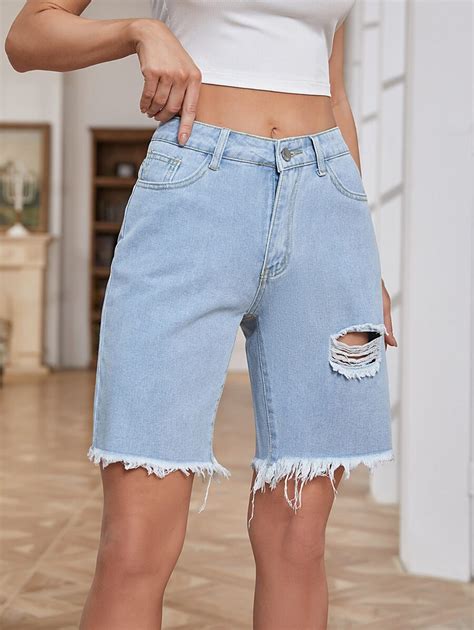 Ripped Raw Hem Denim Shorts Shein Usa