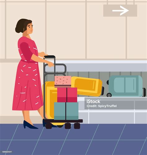 수하물 클레임 공항에서 만화 여자 여행자는 컨베이어 벨트에서 가방과 가방을 집어 들고 있습니다 수하물 터미널 근처에 서있는 젊은 여성 비행기로 여행 벡터 일러스트레이션
