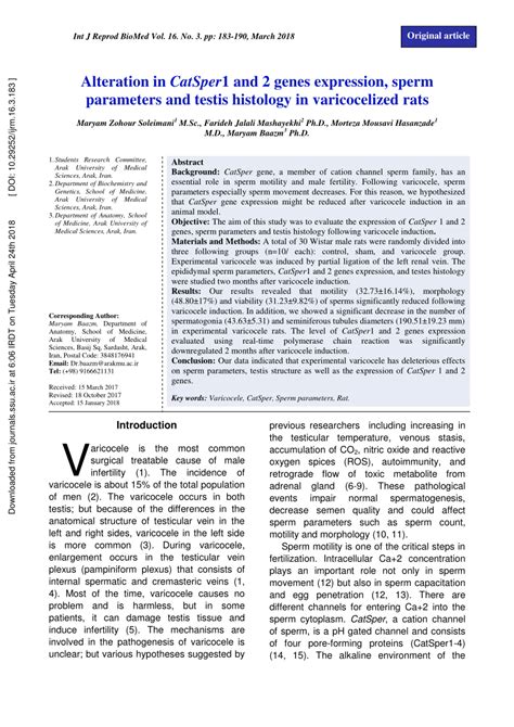 Pdf Alteration In Catsper1 And 2 Genes Expression Sperm Parameters
