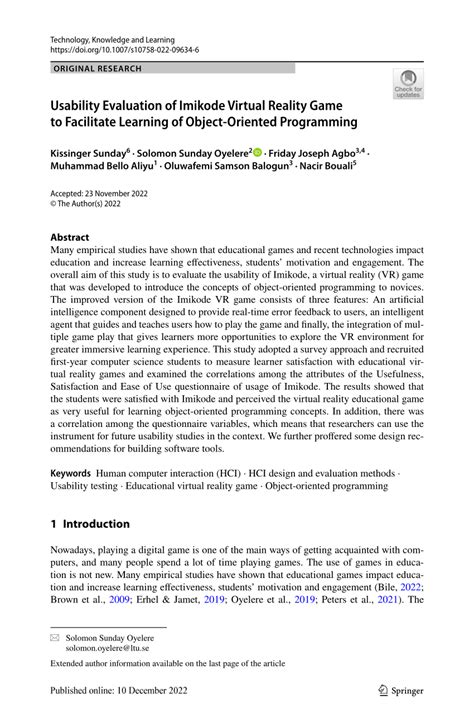 Pdf Usability Evaluation Of Imikode Virtual Reality Game To