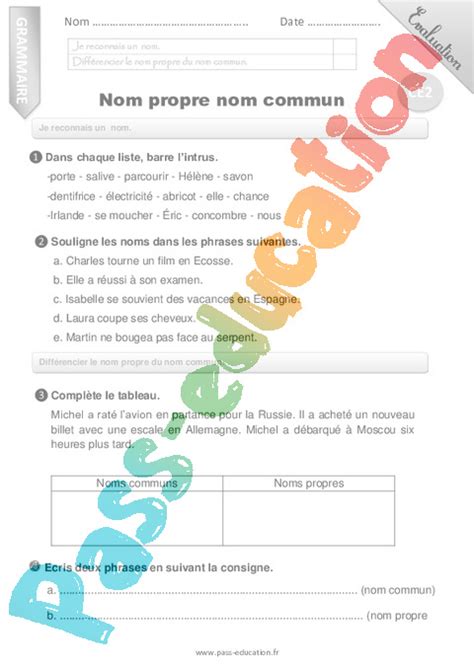 Evaluation Nom CE2 Bilan et controle corrigé pdf à imprimer