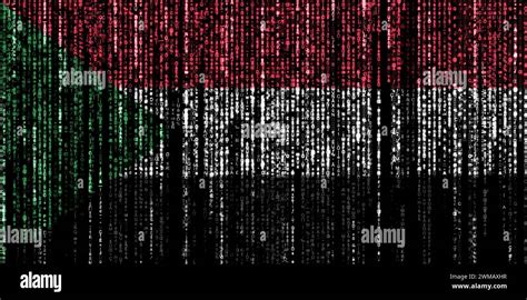 flag of sudan on a computer binary codes falling from the top and