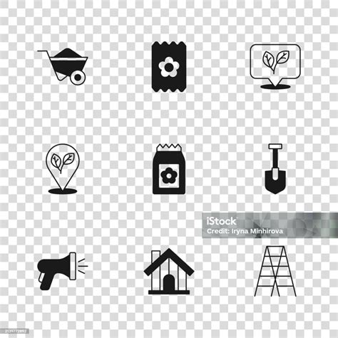 세트 농가 삽 나무 계단 씨앗으로 가득 찬 팩 잎 수레 및 잎 아이콘이 있는 위치 벡터 0명에 대한 스톡 벡터 아트 및 기타 이미지 Istock