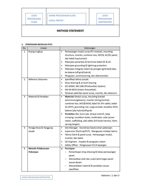 Pemasangan Plts Method Statement Pekerjaan Elektrikal Pdf