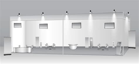 현실적인 무역 전시회 스탠드 또는 흰색 빈 전시 키오스크 또는 스탠드 부스 기업 Com 세트 프리미엄 벡터