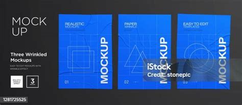 파란색 주름 포스터 템플릿 세트 접힌 종이 벡터 사실적인 젖은 주름 포스터 모형 형판에 대한 스톡 벡터 아트 및 기타 이미지 형판 포스터 간판 Istock