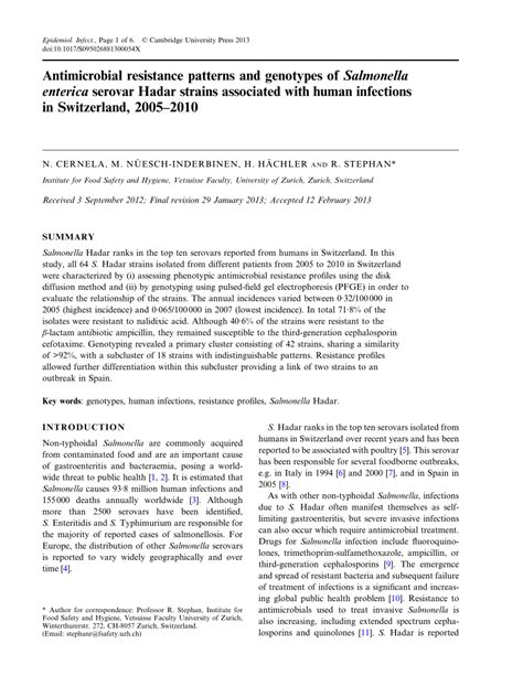 Pdf Antimicrobial Resistance Patterns And Genotypes Of Salmonella Enterica Serovar Hadar