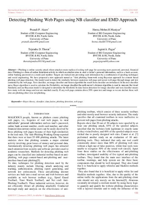 Pdf Detecting Phishing Web Pages Using Nb Classifier And Emd Approach