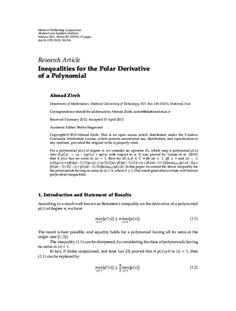 Pdf Inequalities For The Polar Derivative Of A Polynomial