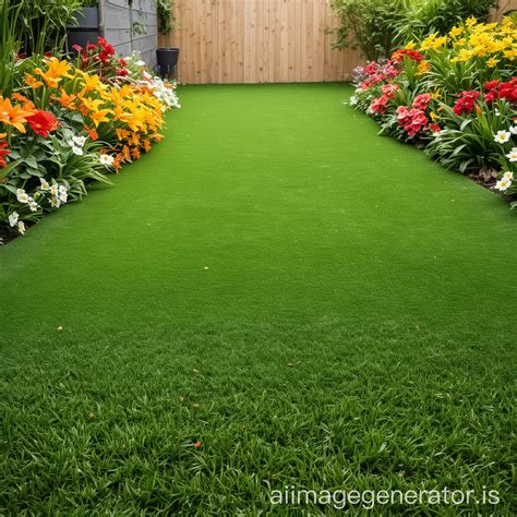 Artificial Grass Backyard With Minimal Flowers Copy Space For Text Or