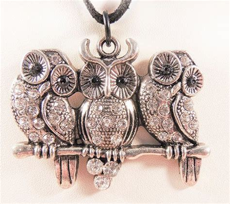OWL NECKLACE Owl Jewelry Rhinestone Owls Black Suede Cord Gunmetal Magnetic Clasp Magnetic