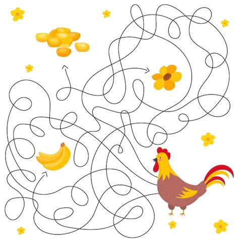 아이들을 위한 귀여운 미로 아이들을 위한 게임 아이들을 위한 퍼즐 행복한 캐릭터 미로 수수께끼 색상 벡터 Eps 10 그림 올바른 경로 찾기 만화 스타일 수탉 바나나 꽃