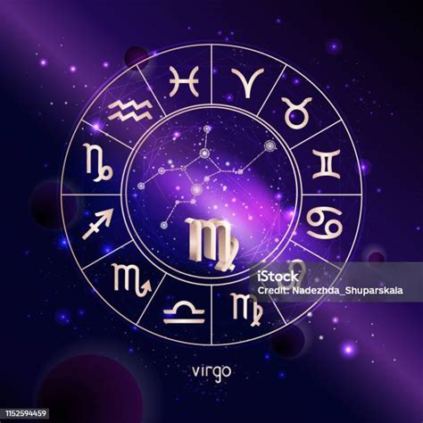 벡터 일러스트 레이 션 공간 배경에 대 한 별자리 원과 3d 기호 및 별자리 처녀 자리 별자리에 대한 스톡 벡터 아트 및 기타