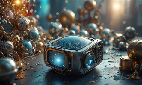 Metallic Cube With Dome Shaped Top And Two Circular Panels Sits Amidst Collection Spherical