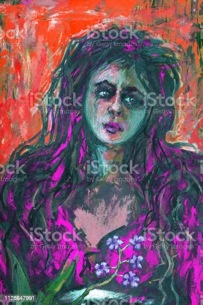 패션 일러스트 레이 션 현대 미술 작업 내 원래 유화 캔버스 인상파 수직 초상화 그녀의 손에 있는 난초 꽃으로 긴 검은 머리와