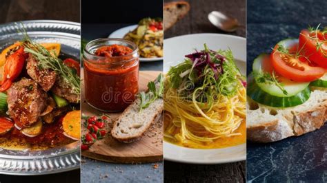 A Series Of Four Pictures Showing Different Types Of Food Ai Stock