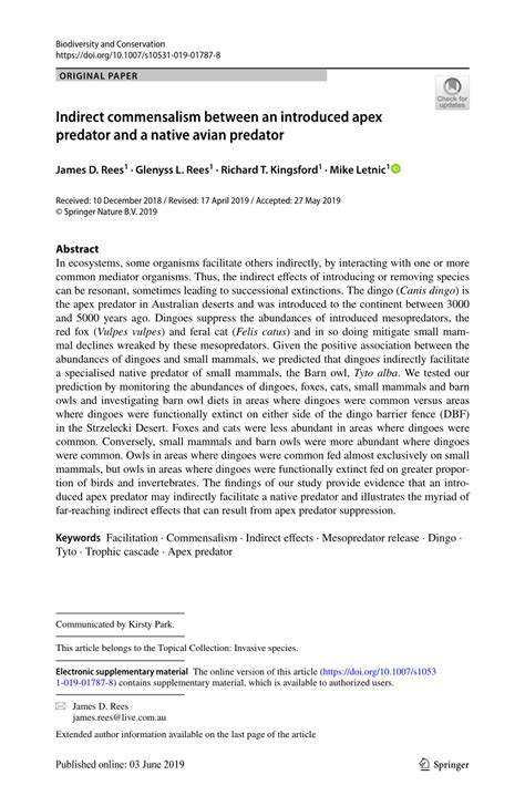 Pdf Indirect Commensalism Between An Introduced Apex Predator And A Native Avian Predator