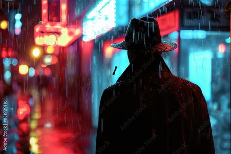 Rainslicked Streets Reflect Neon Lights As A Mysterious Detective
