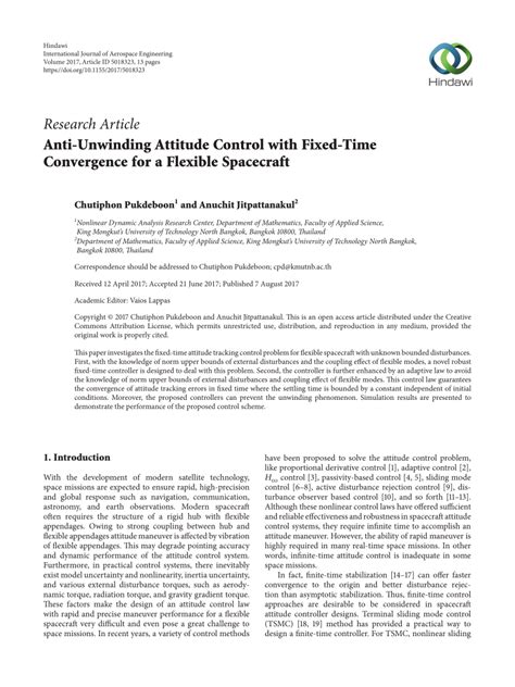 Pdf Anti Unwinding Attitude Control With Fixed Time Convergence For A Flexible Spacecraft