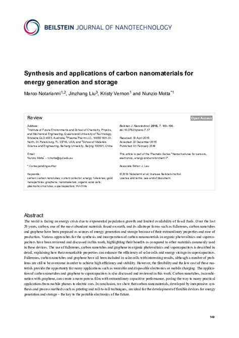 Pdf Synthesis And Applications Of Carbon Nanomaterials For Energy Generation And Storage