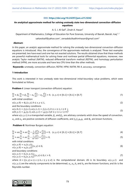 Pdf An Analytical Approximate Method For Solving Unsteady State Two Dimensional Convection