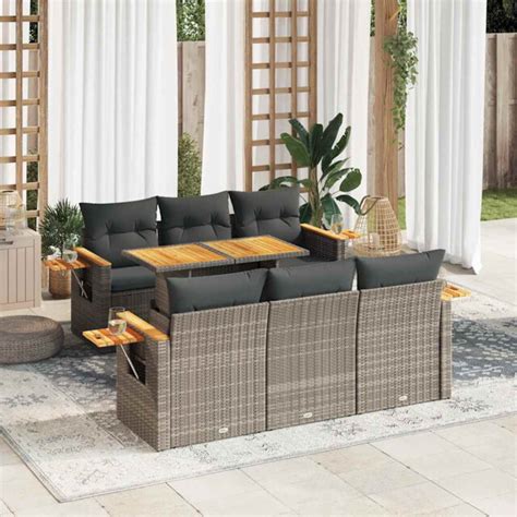 7 Piece Garden Sofa Set With Cushions Grey Poly Rattan Acacia Vidaxl By