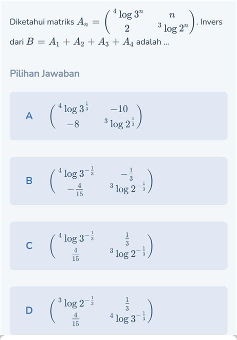 Diketahui matriks An ft cc 4 log 3n n 2 3 log | StudyX