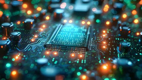 Computer Futuristic Boards With Microchips Energy Chips And Transistors On High Tech Computer