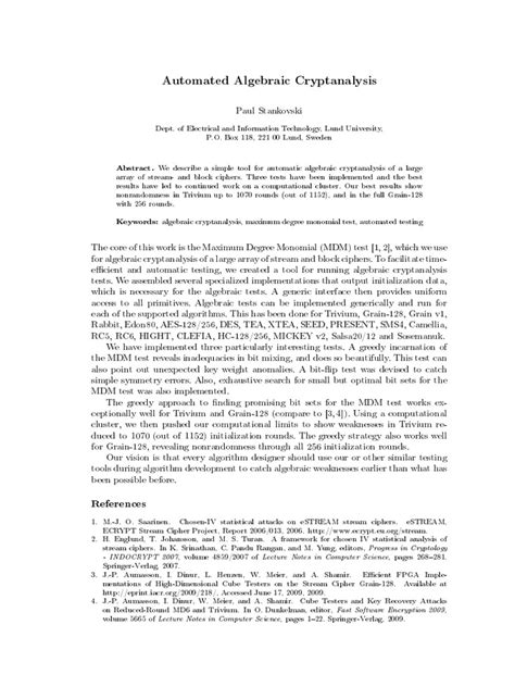 Automated Algebraic Cryptanalysis Pdf Cryptanalysis Cryptography