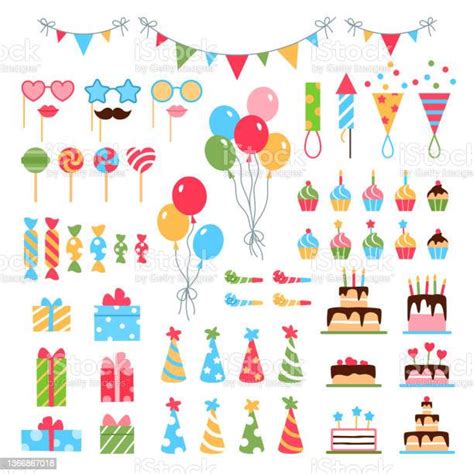생일 축하 색상 플랫 요소 세트 축제 밝은 휴일 파티 개체 풍선 컵 케이크 생일 케이크 촛불 사탕 휘파람 흰색 배경에 모자를 선물 인사말 카드 벡터 일러스트레이션 생일
