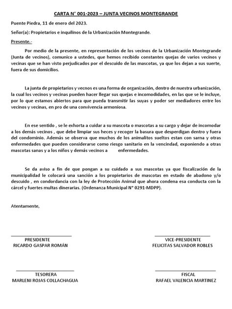 Carta Mascotas Descuidadas Montegrande Pdf