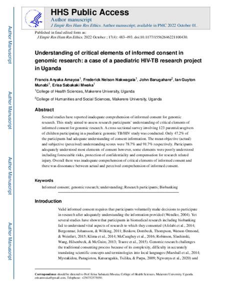Pdf Understanding Of Critical Elements Of Informed Consent In Genomic Research A Case Of A