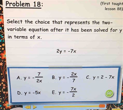 Solved Problem 18 First Taught Lesson 88 Select The Choice That Represents The Two Variable