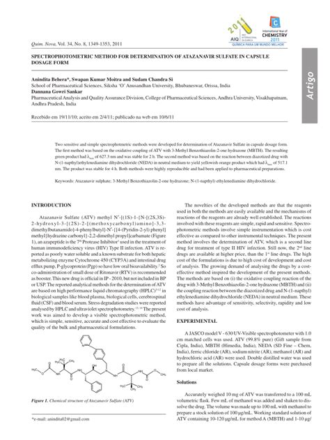 Pdf Spectrophotometric Method For Determination Of Atazanavir Sulfate