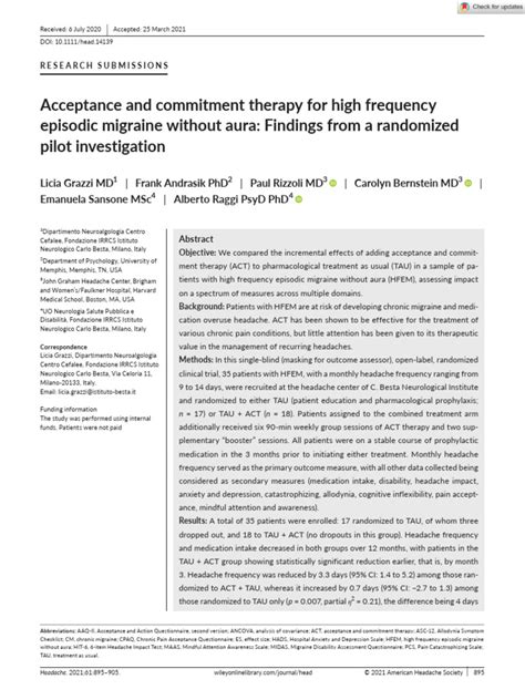 Grazzi Acceptance And Commitment Therapy For High Frequency Episodic