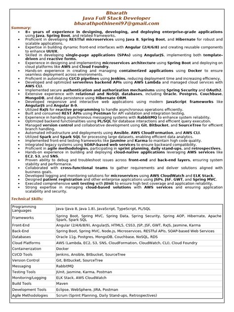 P Bharath Java Fsd Resume Pdf Spring Framework Angular Js