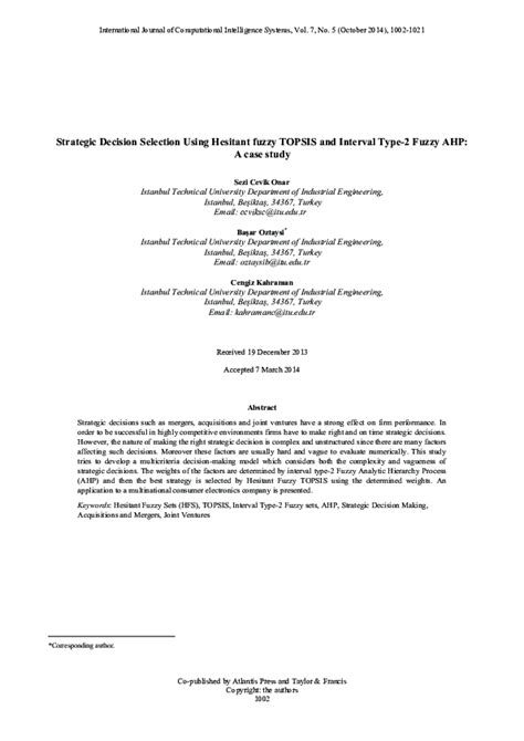 Pdf Strategic Decision Selection Using Hesitant Fuzzy Topsis And Interval Type 2 Fuzzy Ahp A