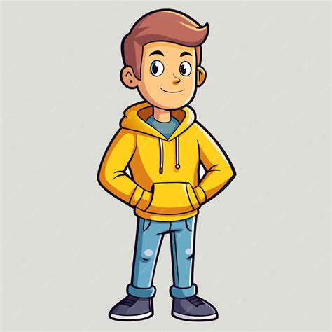Stylish Cartoon Vector Illustration Of Man In Yellow Hoodie With Hands
