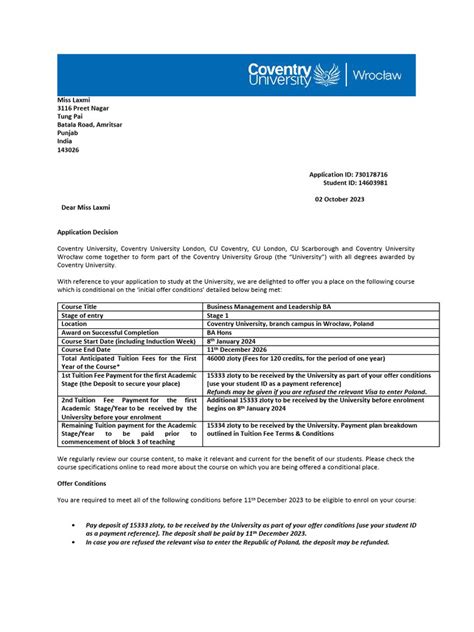 Conditional Offer Letter January 2024 Pdf Travel Visa Discovery Law