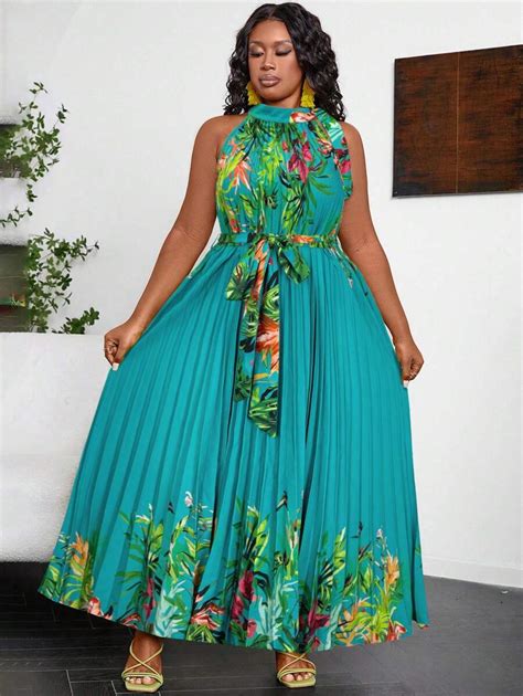 Plus Size Tropical Print Halter Neck Dress For Vacation Maxi Women