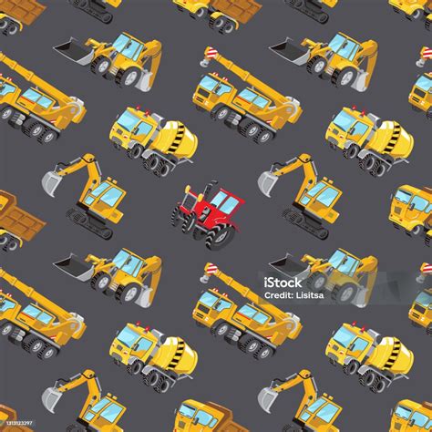 노란색 트럭 자동차 및 도로 표지판이있는 매끄러운 패턴 빨간 트랙터 굴삭기 굴착기 기계 건물 기계 콘크리트 믹서 0명에 대한