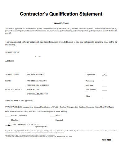 14 Contractor Qualification Statement Templates In Pdf Doc