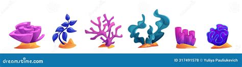 Seaweed And Coral Cartoon Vector Illustration Set