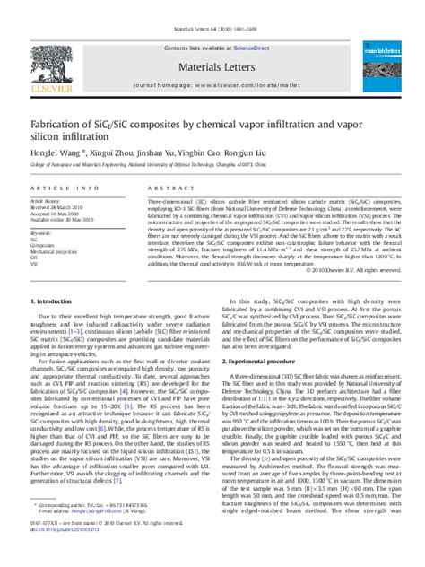 Pdf Fabrication Of Sicfsic Composites By Chemical Vapor Infiltration And Vapor Silicon