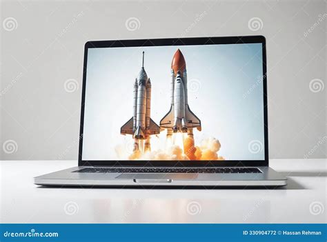 Rocket Coming Out Of Laptop Screen Rocket Spaceship Blue Background