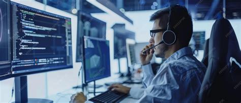 A Programmer With Headphones Focuses On Code Displayed On Multiple